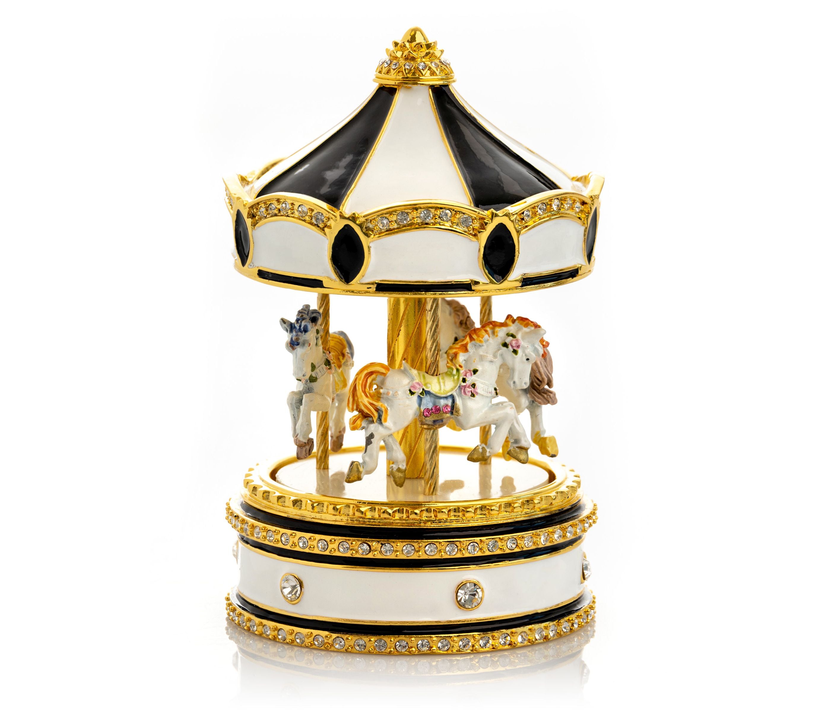 black musical carousel with spinning royal horses