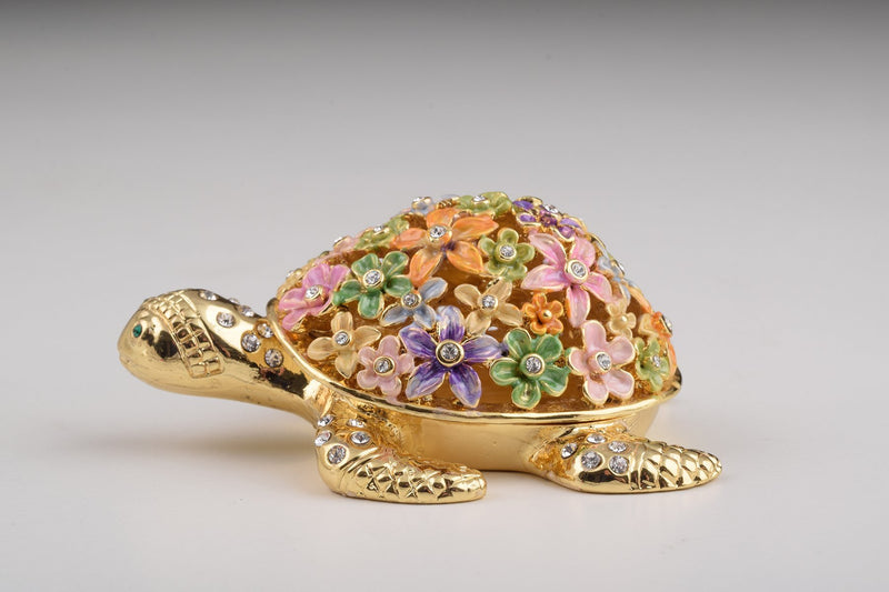 Gold Turtle with Colorful Flowers Trinket Box