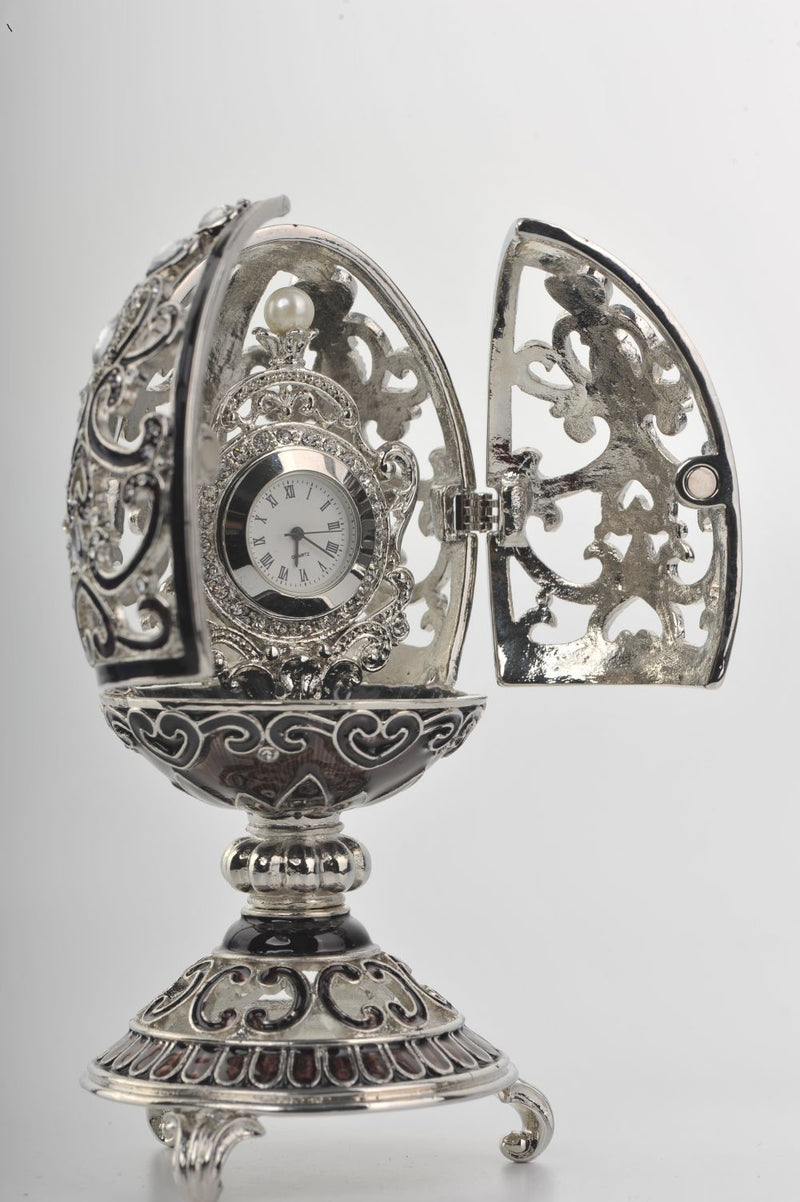 Silver & Black Faberge Style Egg with a Clock Inside